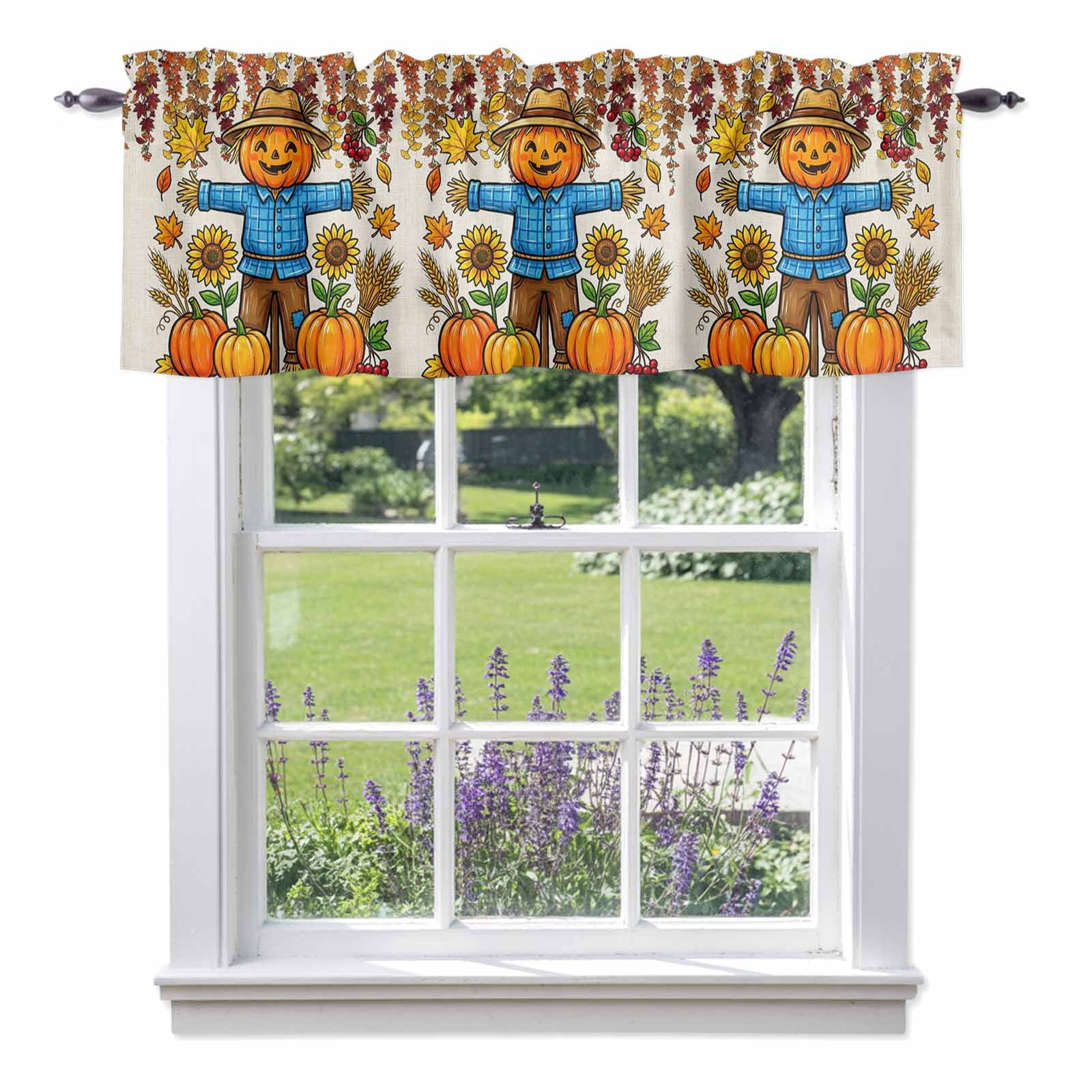 Autumn Valances for Windows, Harvest Cartoon Scerecrow Pumpkin ...