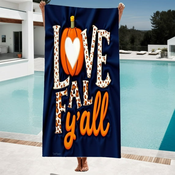 Autumn Vibes Beach Towel - ' LOVE FALL y ' all ' with Heart & Pumpkin Design Perfect for Pool ...