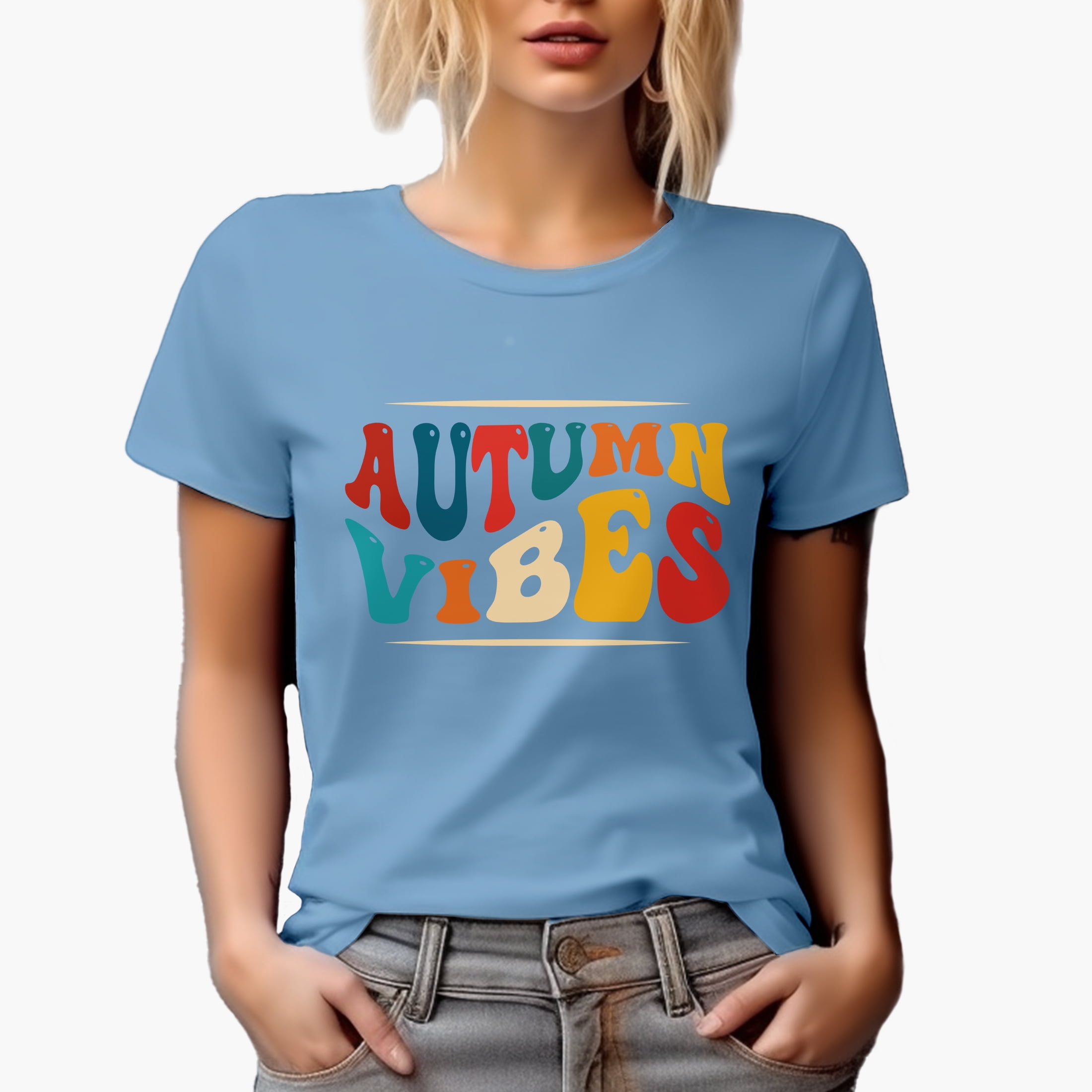 Autumn Vibes, Fall Quote, Groovy Retro Wavy Text Merch Gift, Baby Blue ...