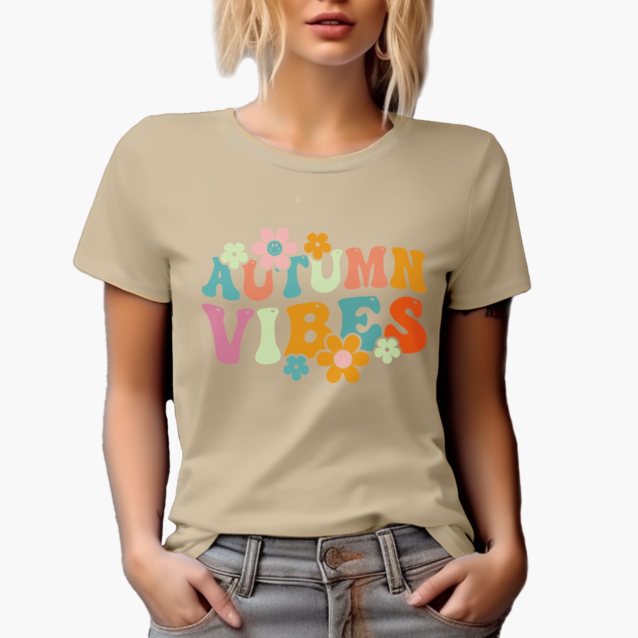 Autumn Vibes, Fall Themed, Groovy Retro Wavy Text Merch Gift, Tan T ...