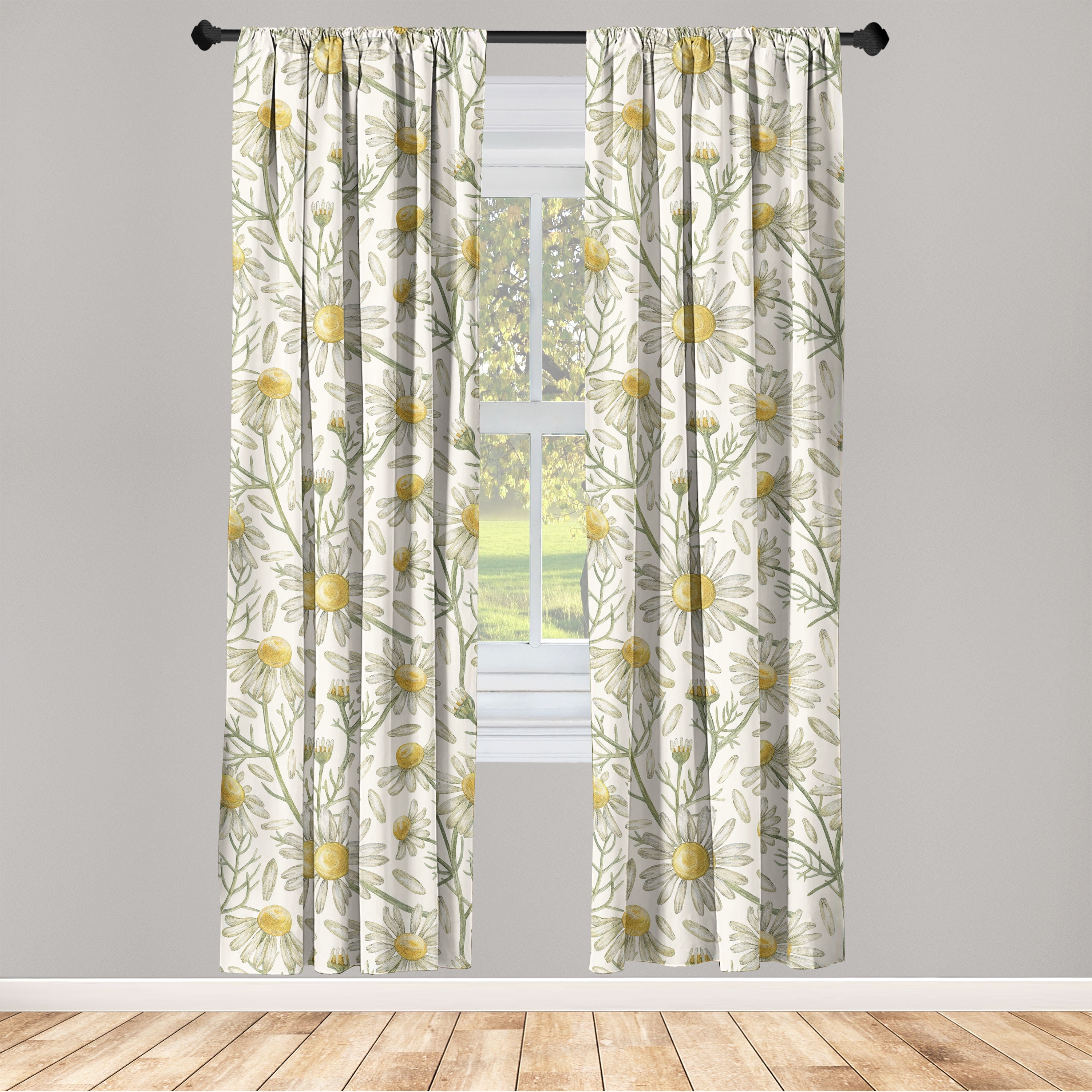 Autumn Vibes Window Curtains, Leaves Separating From Daisy Flowers Pattern Romantic Theme Print ...