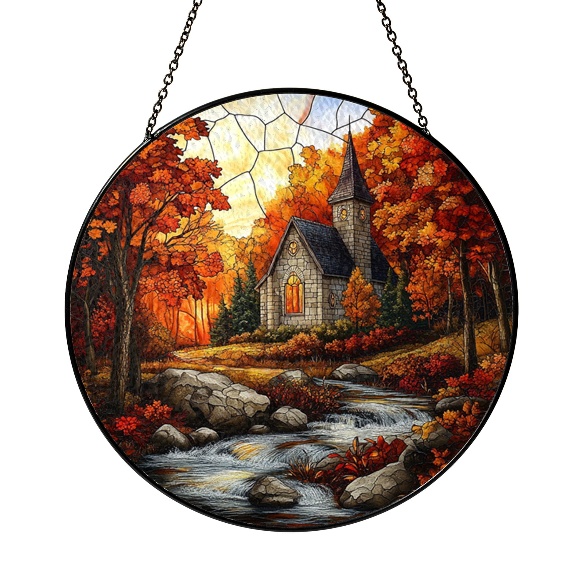 Autumn Village Building Stained Glass Style Window Suncatcher, Scenic ...