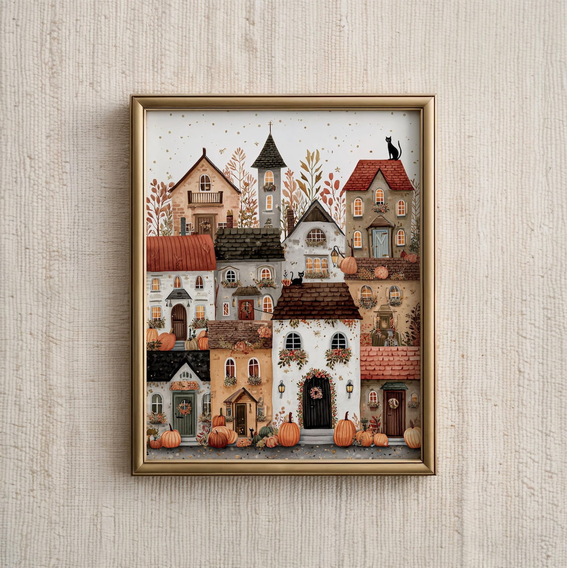 Autumn Village Poster Whimsical Fall Landscape Folk Art Home Decor ...