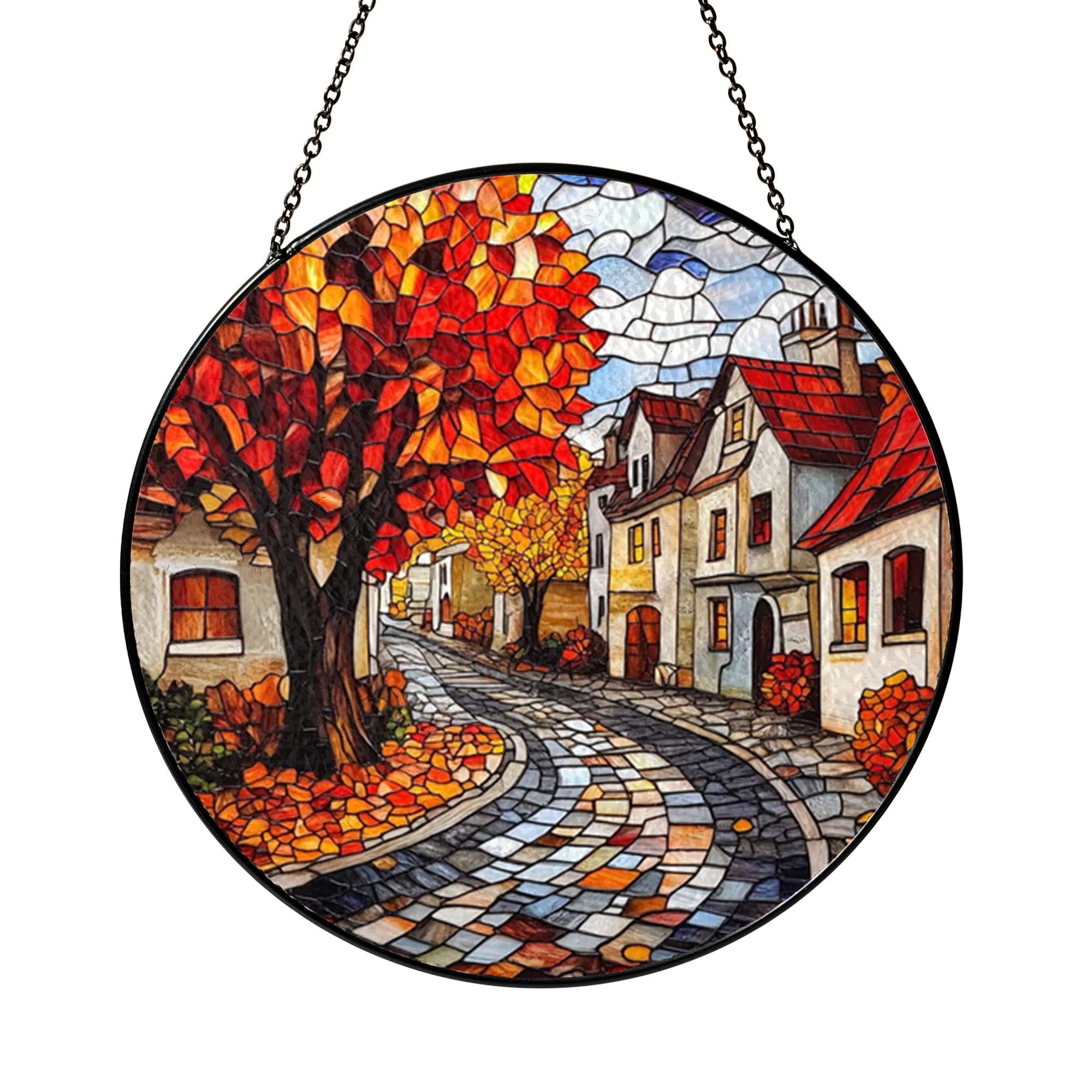 Autumn Village Stained Glass Suncatcher Window Decor, Fall Foliage and ...