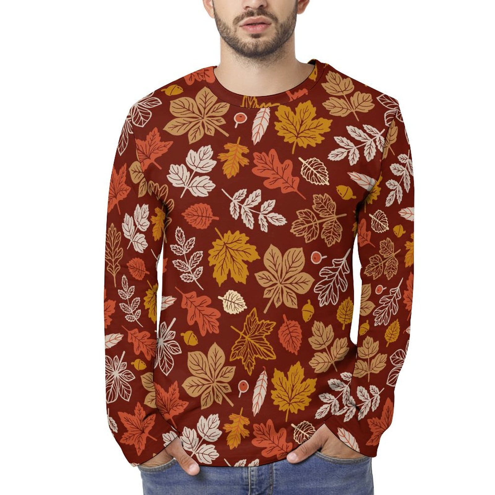 Autumn Warm Tone Maple Leaf Long Sleeve T Shirts for Men, Crew Neck ...