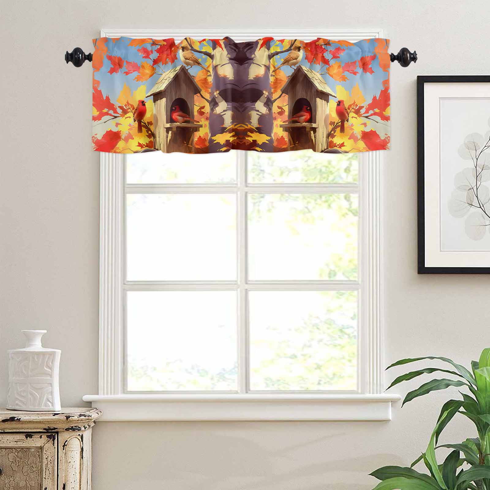 Autumn Watercolor Cardinal Bird Window Valances for Kitchen,Rod Pocket ...