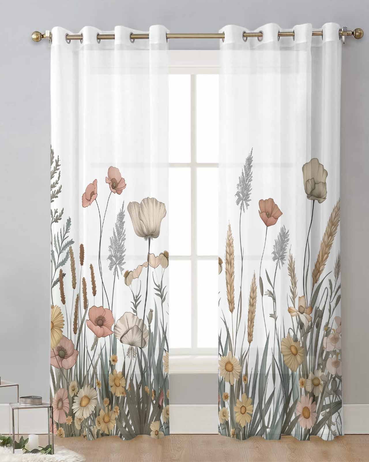 Autumn Watercolor Flowers Ferns Reeds Modern Tulle Curtains Voile ...
