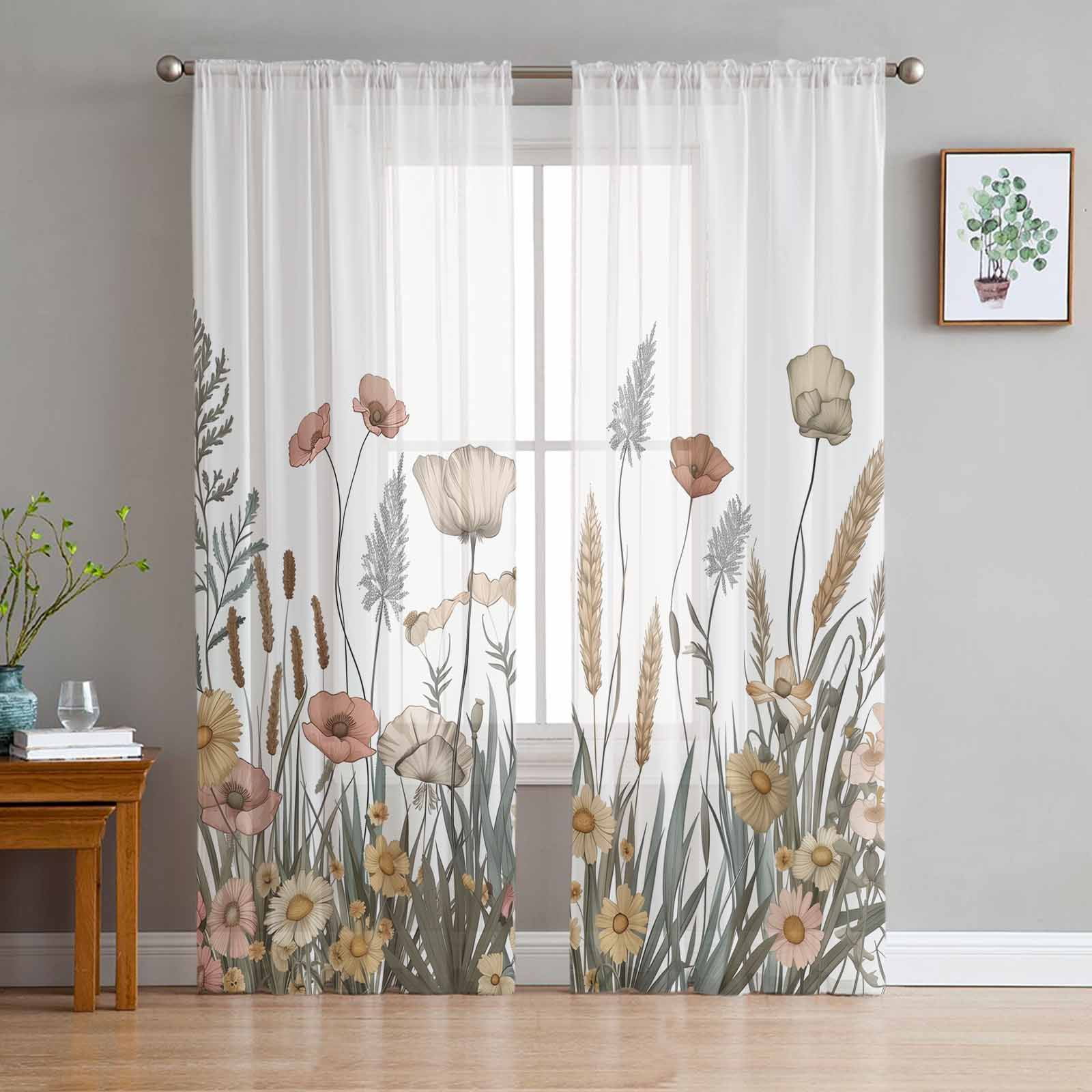 Autumn Watercolor Flowers Ferns Reeds Sheer Curtains for Living Room ...
