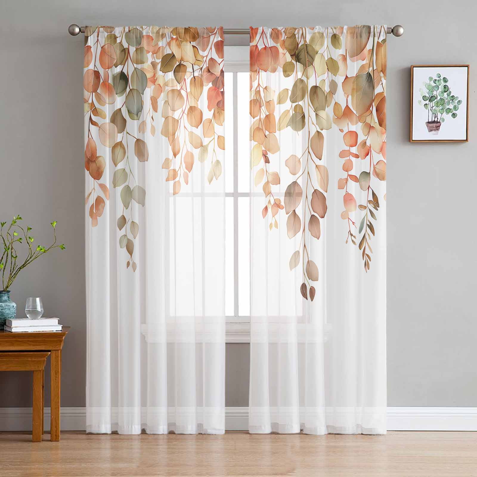 Autumn Watercolor Leaves Retro Sheer Curtains for Living Room Modern ...