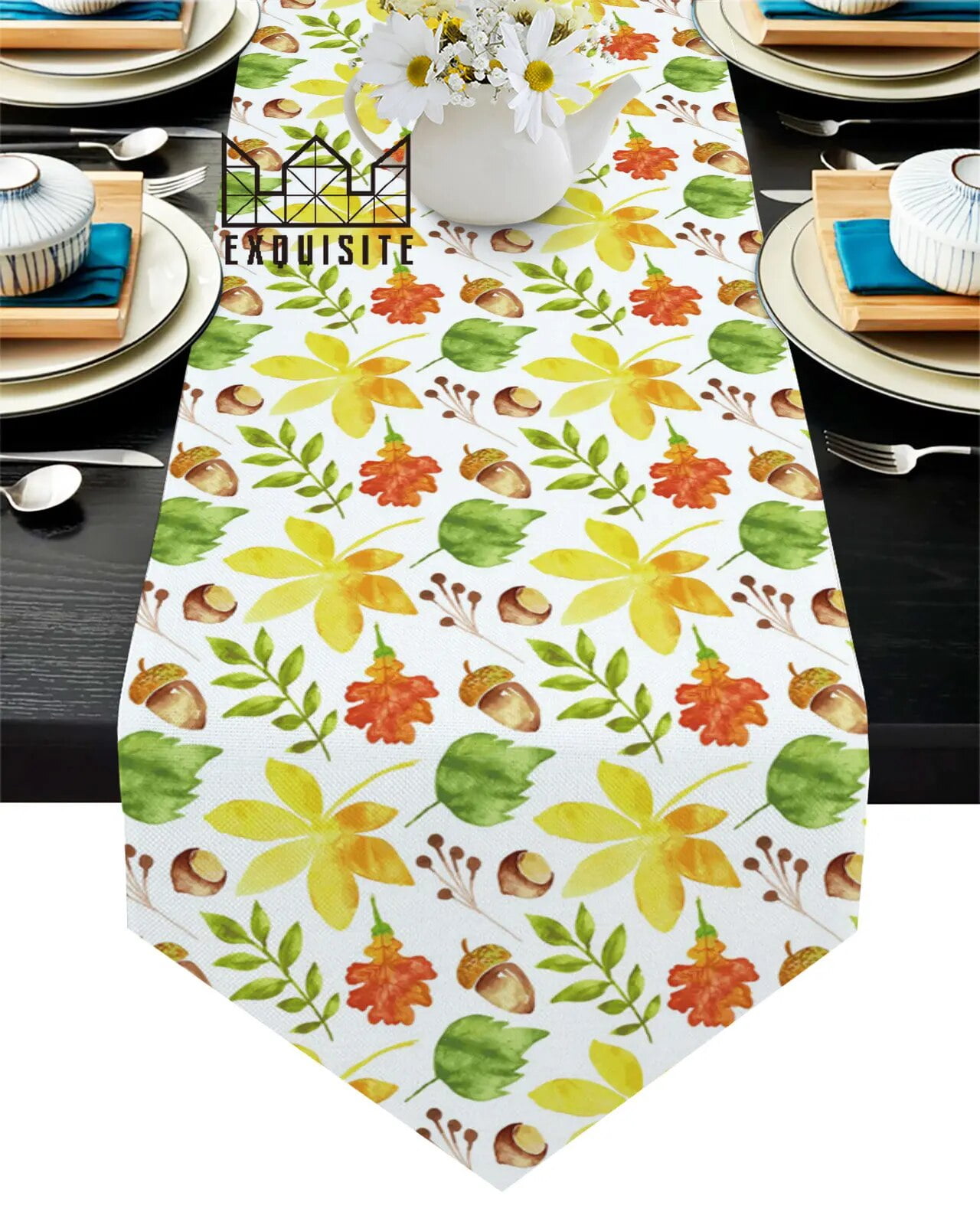 Autumn Watercolor Plants Maple Leaves Table Runner Tablecloth Placemat ...