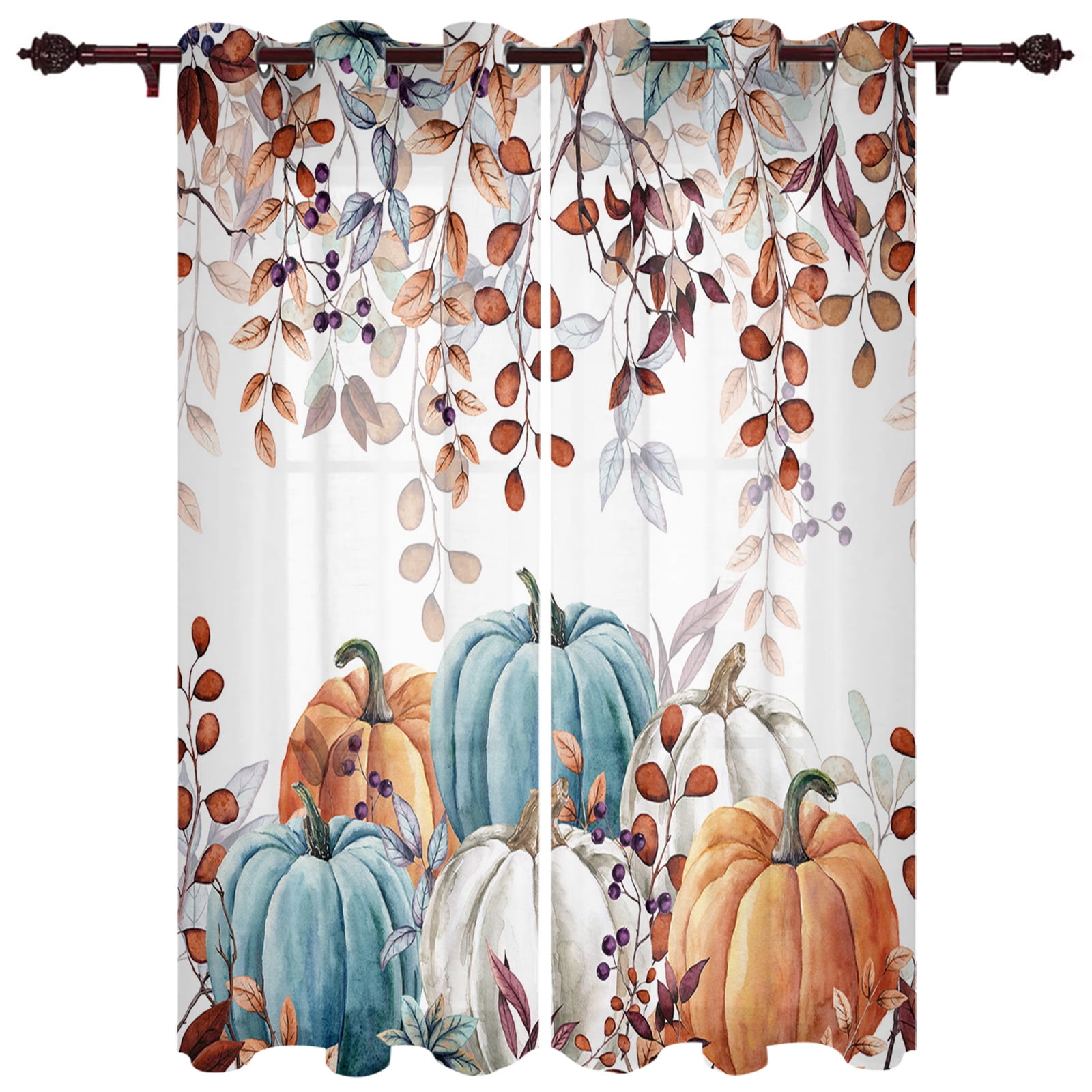Autumn Watercolor Pumpkin Maple Leaf Window Curtains for Living Room ...