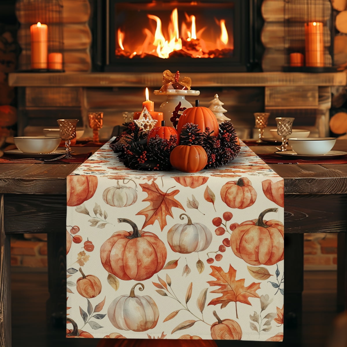 Autumn Watercolor Pumpkin Plants Table Runner Kitchen Table r Farmhouse ...