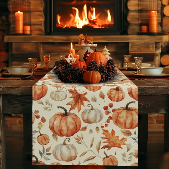 Autumn Watercolor Pumpkin Plants Table Runner Kitchen Table r Farmhouse ...