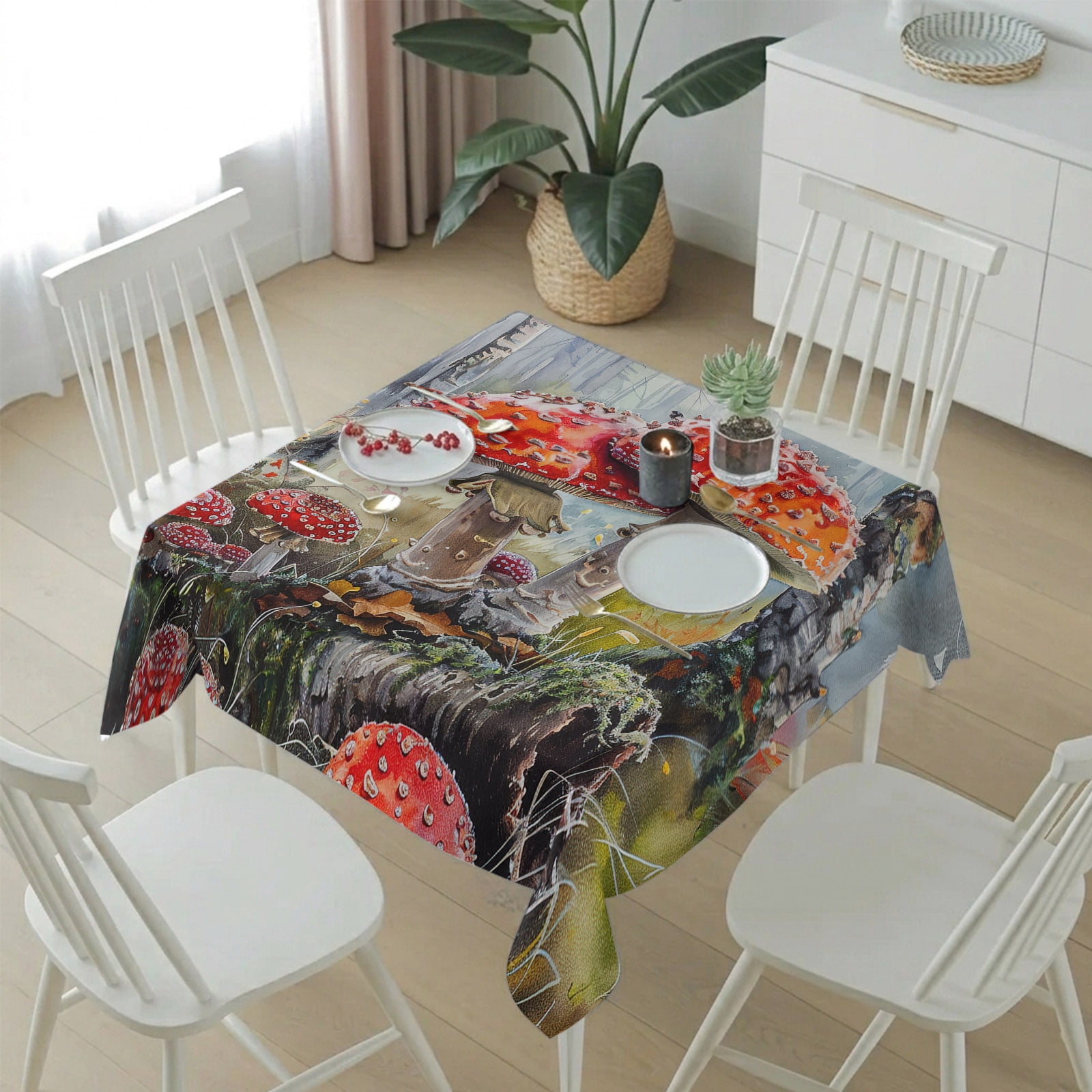 Autumn Watercolor Red Mushroom Forest Table Cloth 54x54in, Waterproof ...