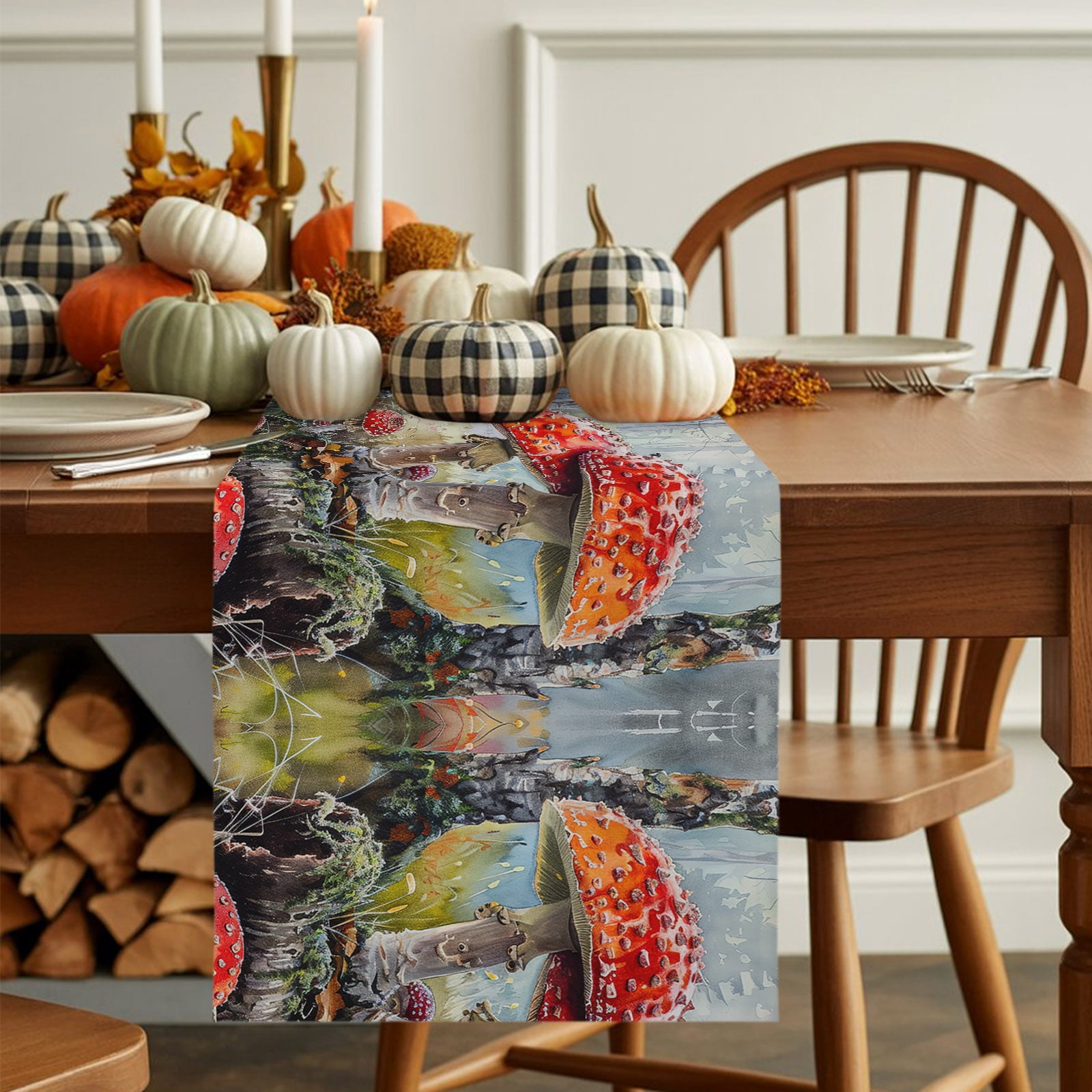 Autumn Watercolor Red Mushroom Forest Table Runner 13x36in Non-Slip ...