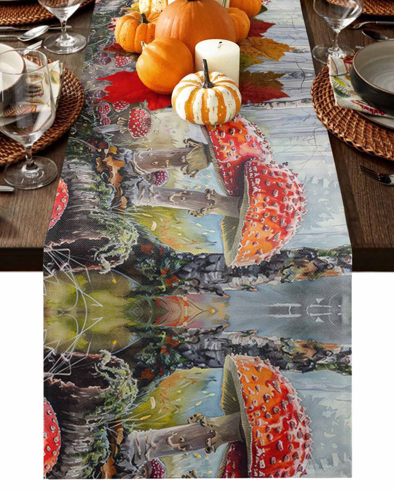 Autumn Watercolor Red Mushroom Forest Table Runner-70 Inch Long Vintage ...