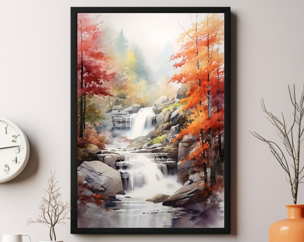 Autumn Waterfall Art Misty Mountain Landscape Painting Tranquil Cascade ...