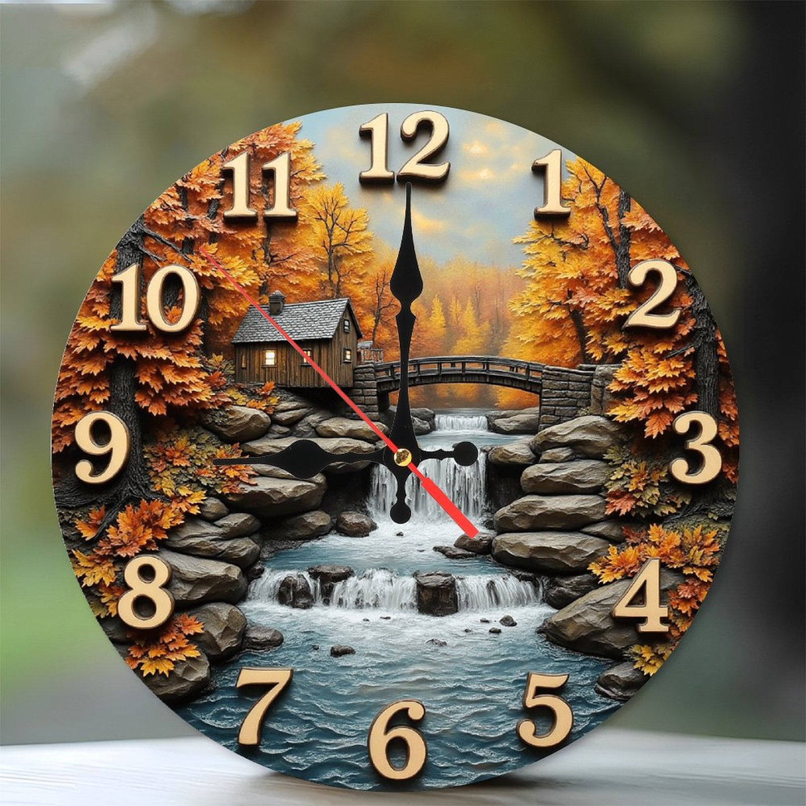 Autumn Waterfall Cabin Clock Wall Decor 10-Inch Silent Wooden Wall ...