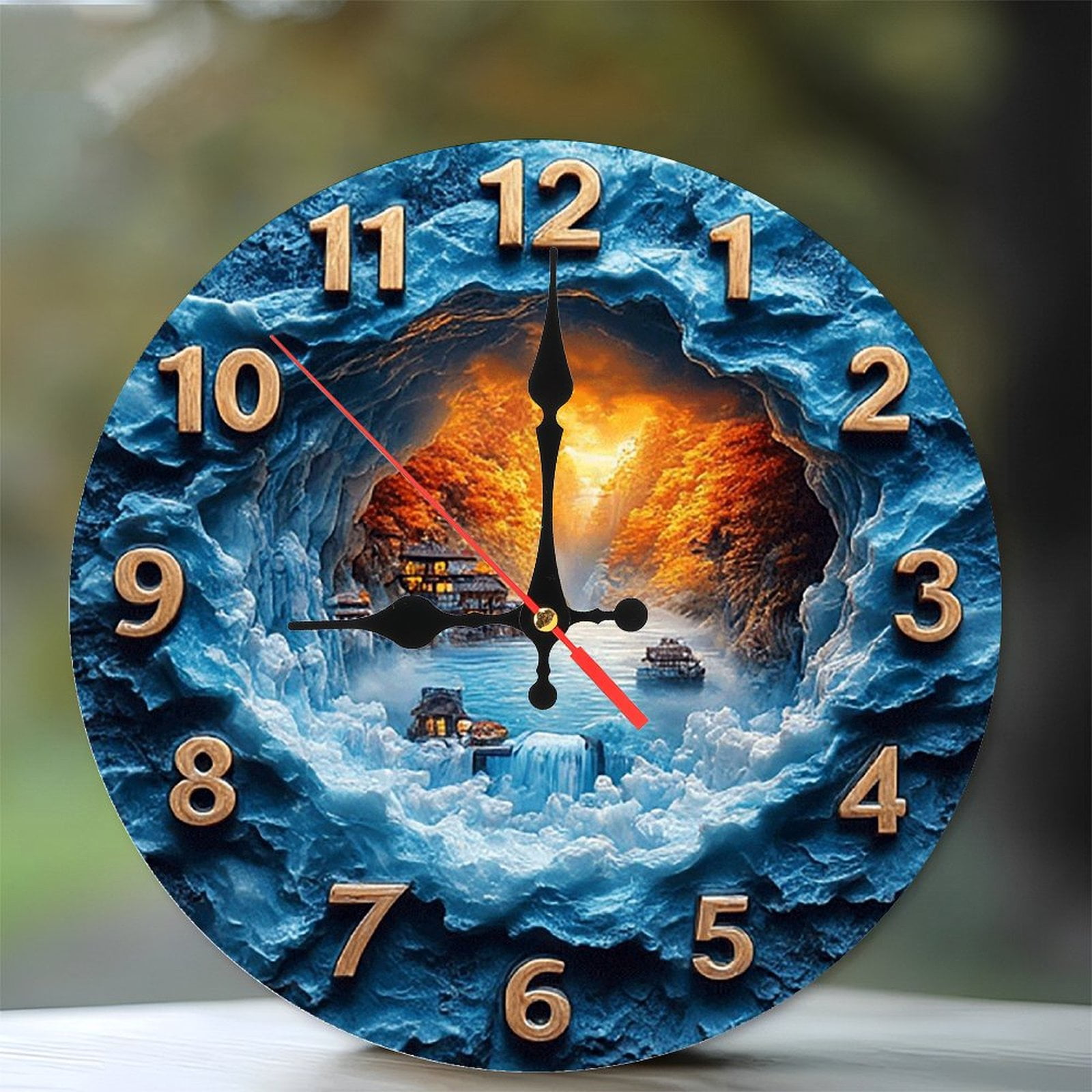 Autumn Waterfall Cave Clock Wall Decor 10-Inch Silent Wooden Wall Clock ...