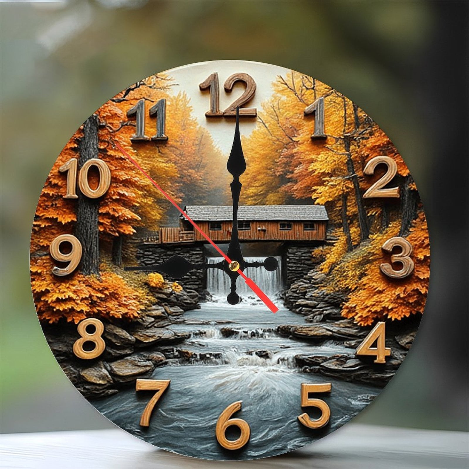 Autumn Waterfall Covered Bridge Wall Clock 10-Inch Silent Wooden Wall ...