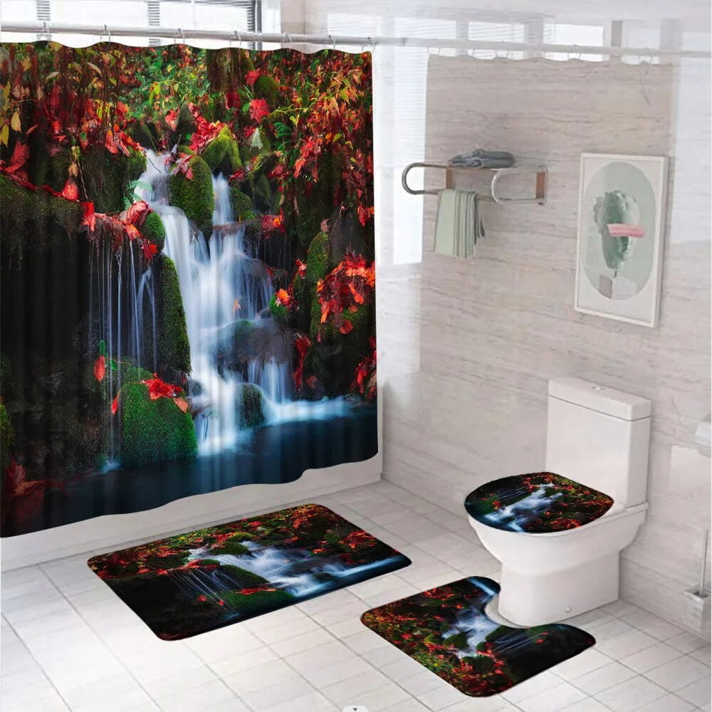 Autumn Waterfall Deep Forest Shower Curtain Set Bathroom Decor Non-Slip ...
