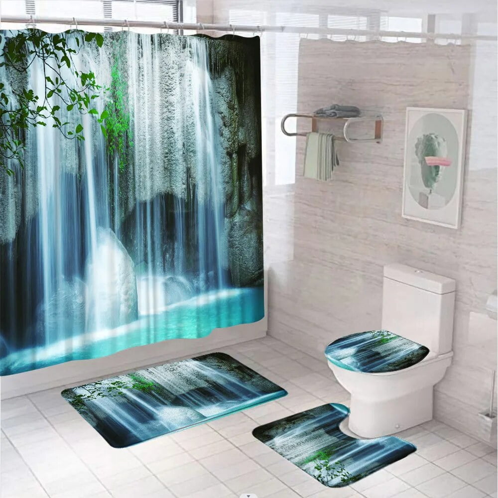 Autumn Waterfall Deep Forest Shower Curtain Set Bathroom Decor Non-Slip ...