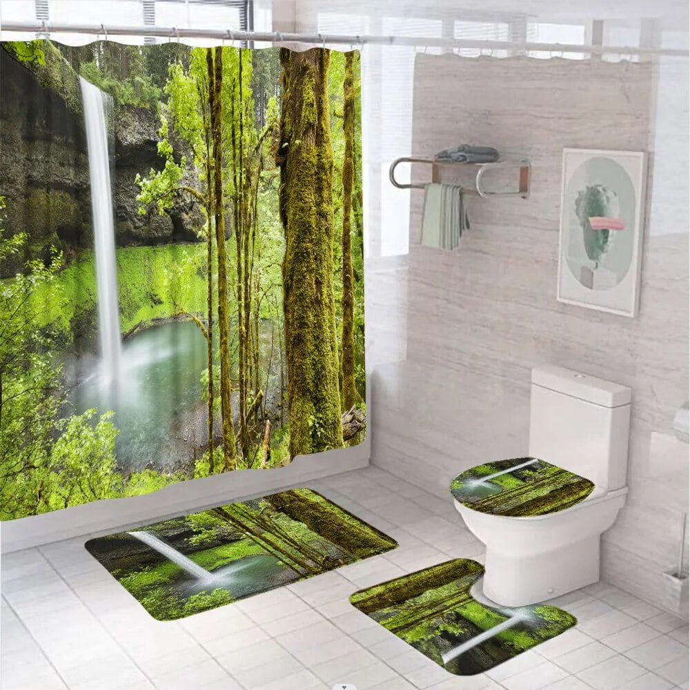 Autumn Waterfall Deep Forest Shower Curtain Set Bathroom Decor Non-Slip ...