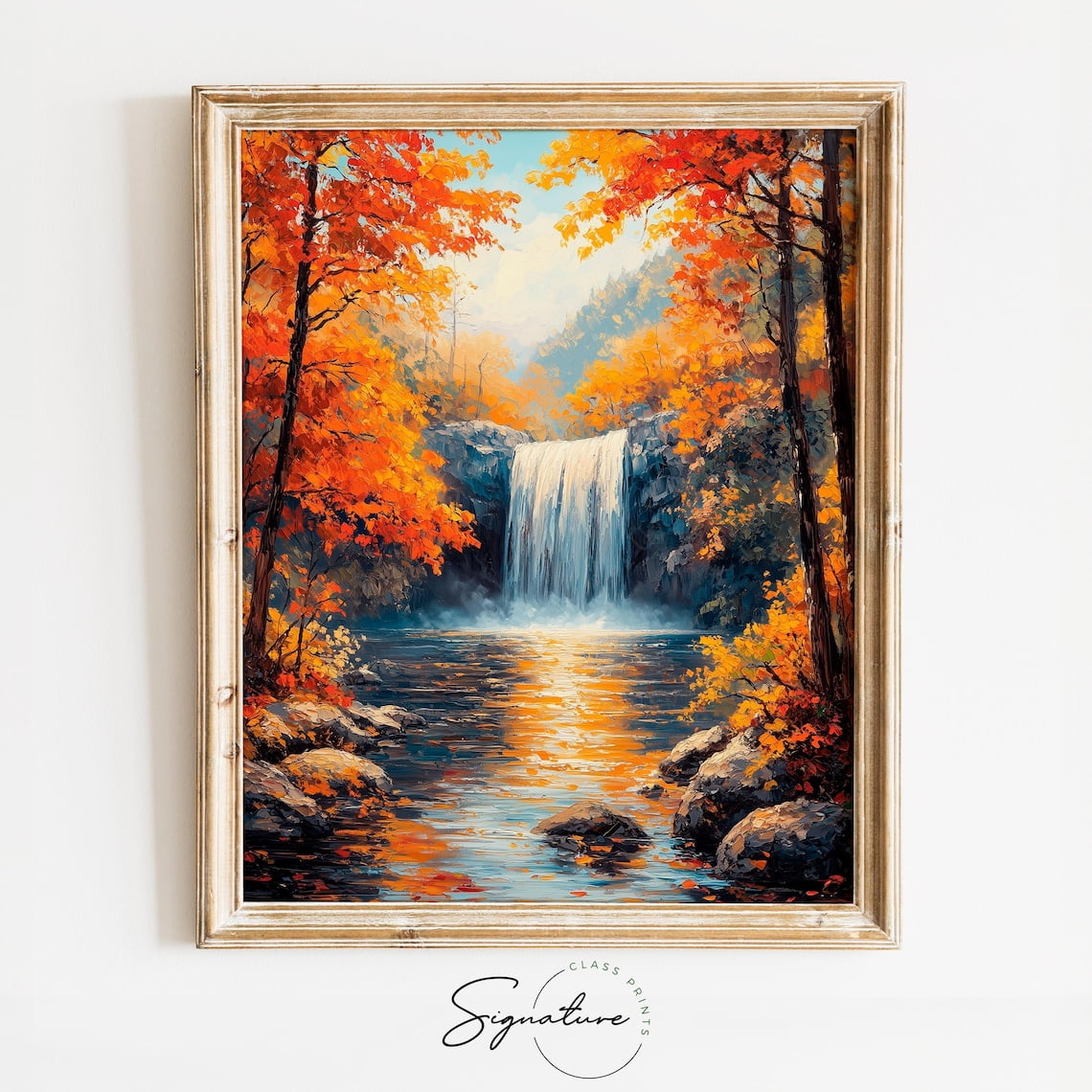 Autumn Waterfall Surrounded By Golden Trees, Rustic Fall Forest Scene ...