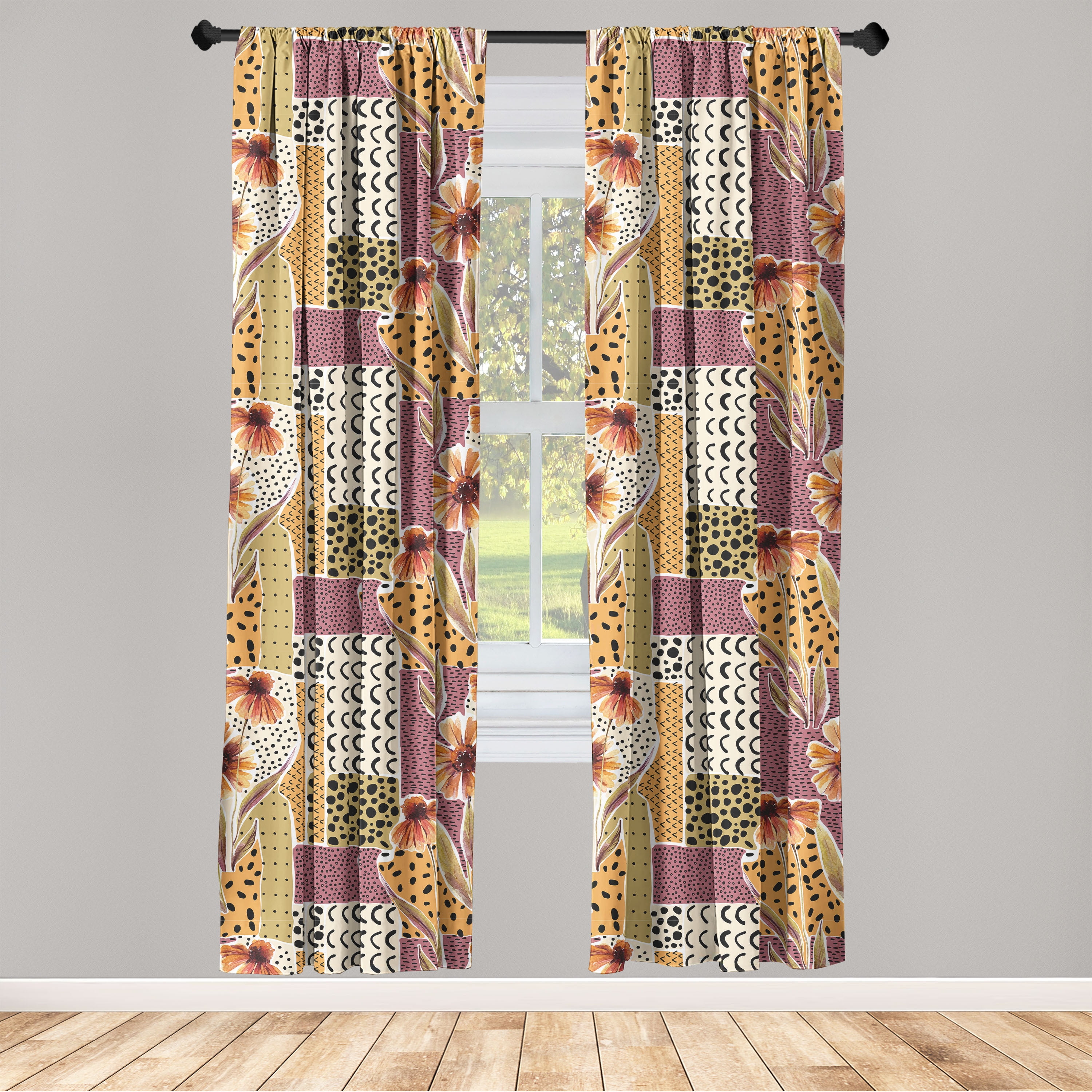 Autumn Window Curtains, Sunflowers Dots Semicircles Watercolor ...