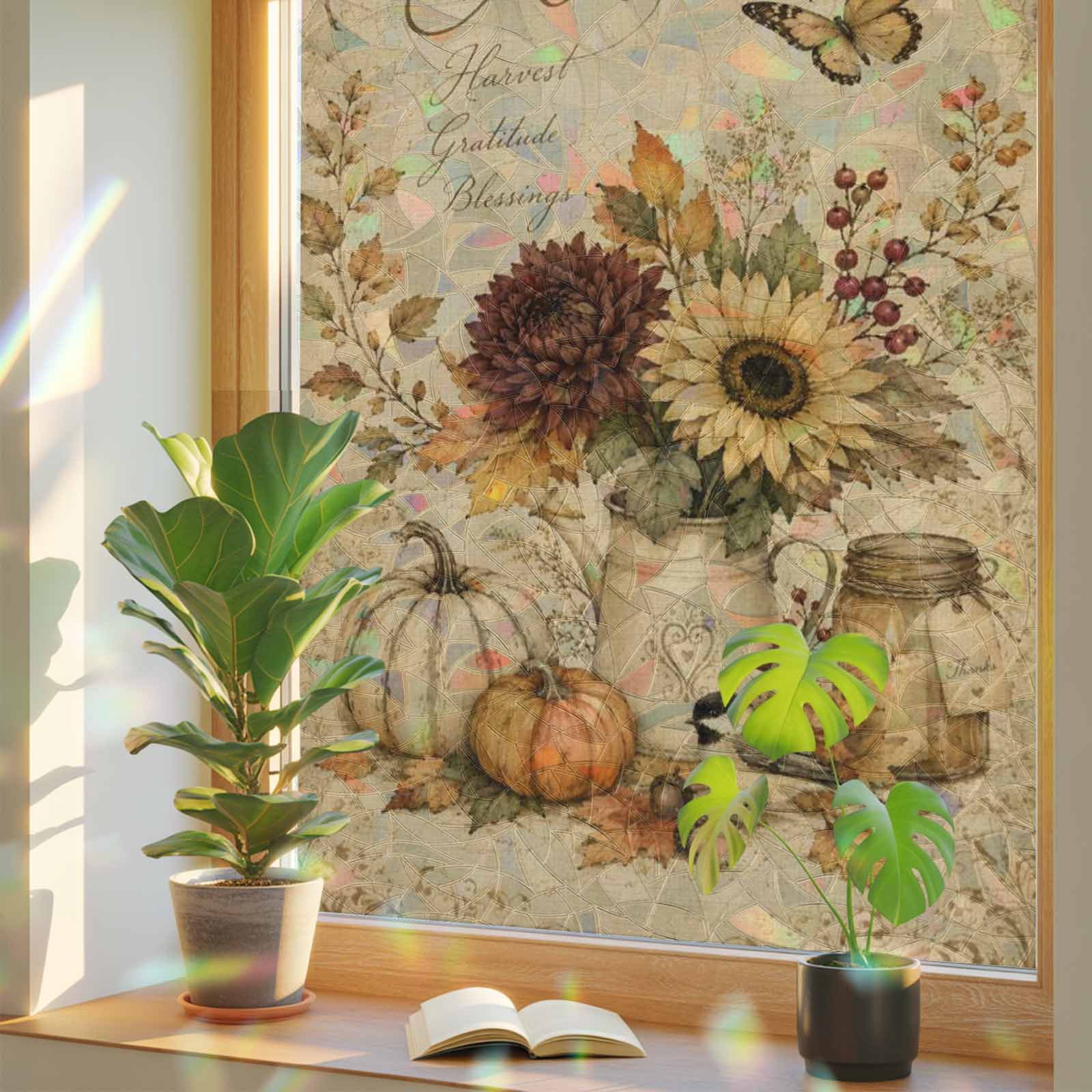 Autumn Window Privacy Film, Dahlia Flowers Pumpkins Butterfly Bird ...