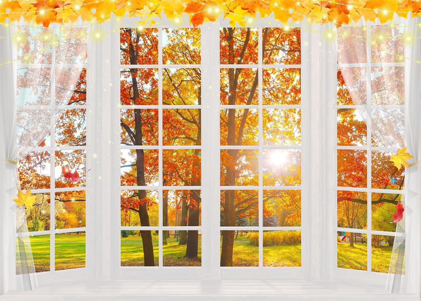 Autumn Window Scenery Backdrop Golden Fallen Leaves Fall Festival ...