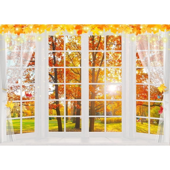 Autumn Window Scenery Backdrop Golden Fallen Leaves Fall Festival ...