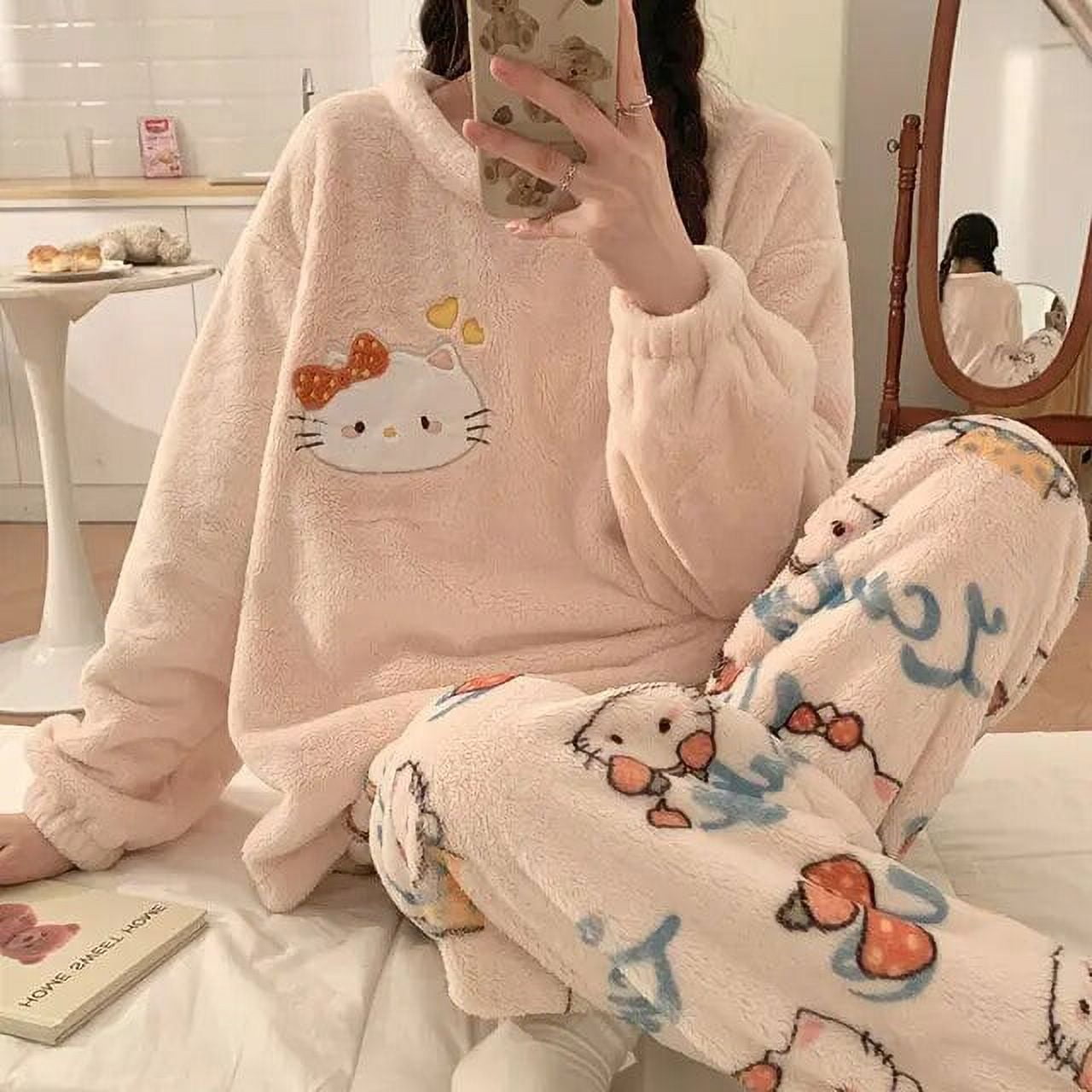 Autumn Winter Hello Kittys Pajamas Female Sanrios Coral Fleece Thicken