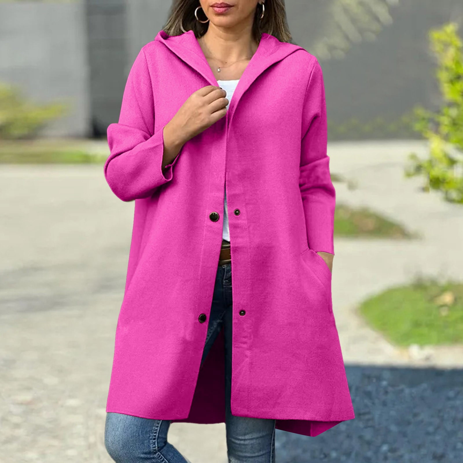 Autumn And Winter Hooded Long Sleeved Solid Color Woolen Jacket Real ...