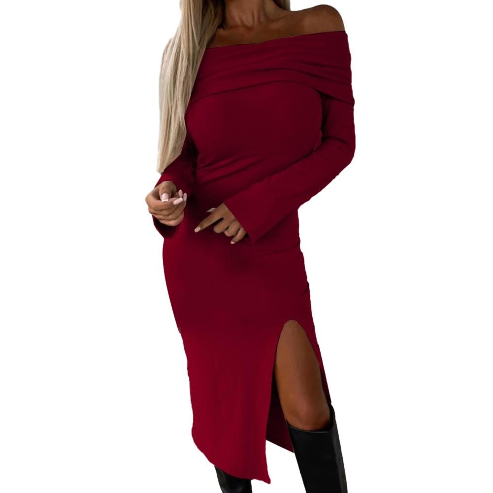Autumn Winter Slash Neck Lady Dress Patchwork Off Shoulder Long Sleeve ...