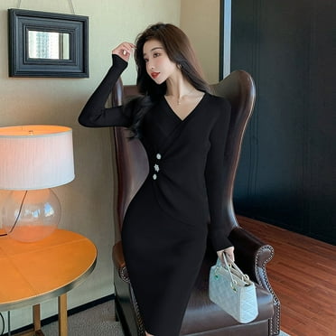 Symoid Women's V-neck Knitted Sweater Dress, Autumn/Winter Waist Bag ...