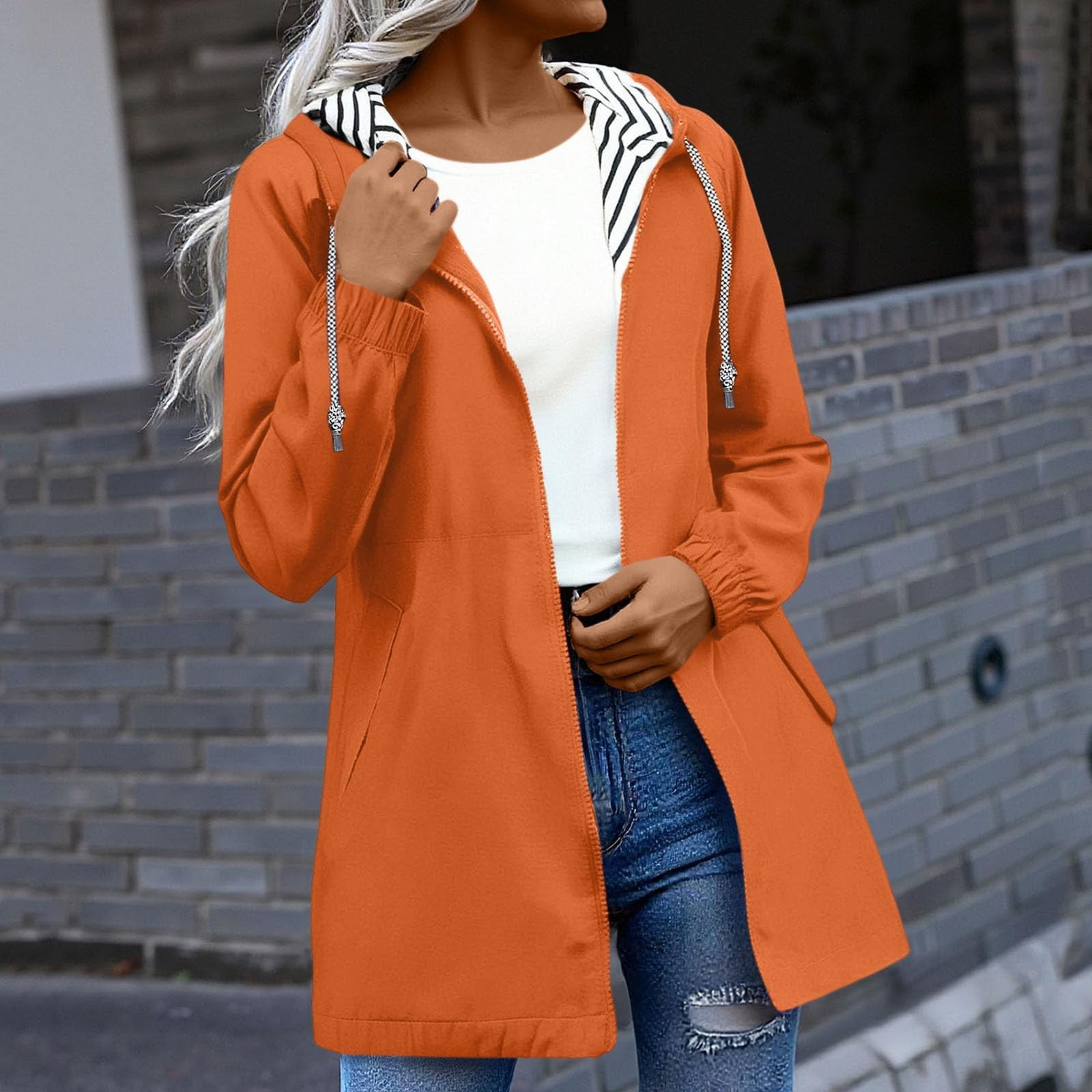 Autumn Winter Solid Color Pockets Zipper Mid Long Length Jacket with ...