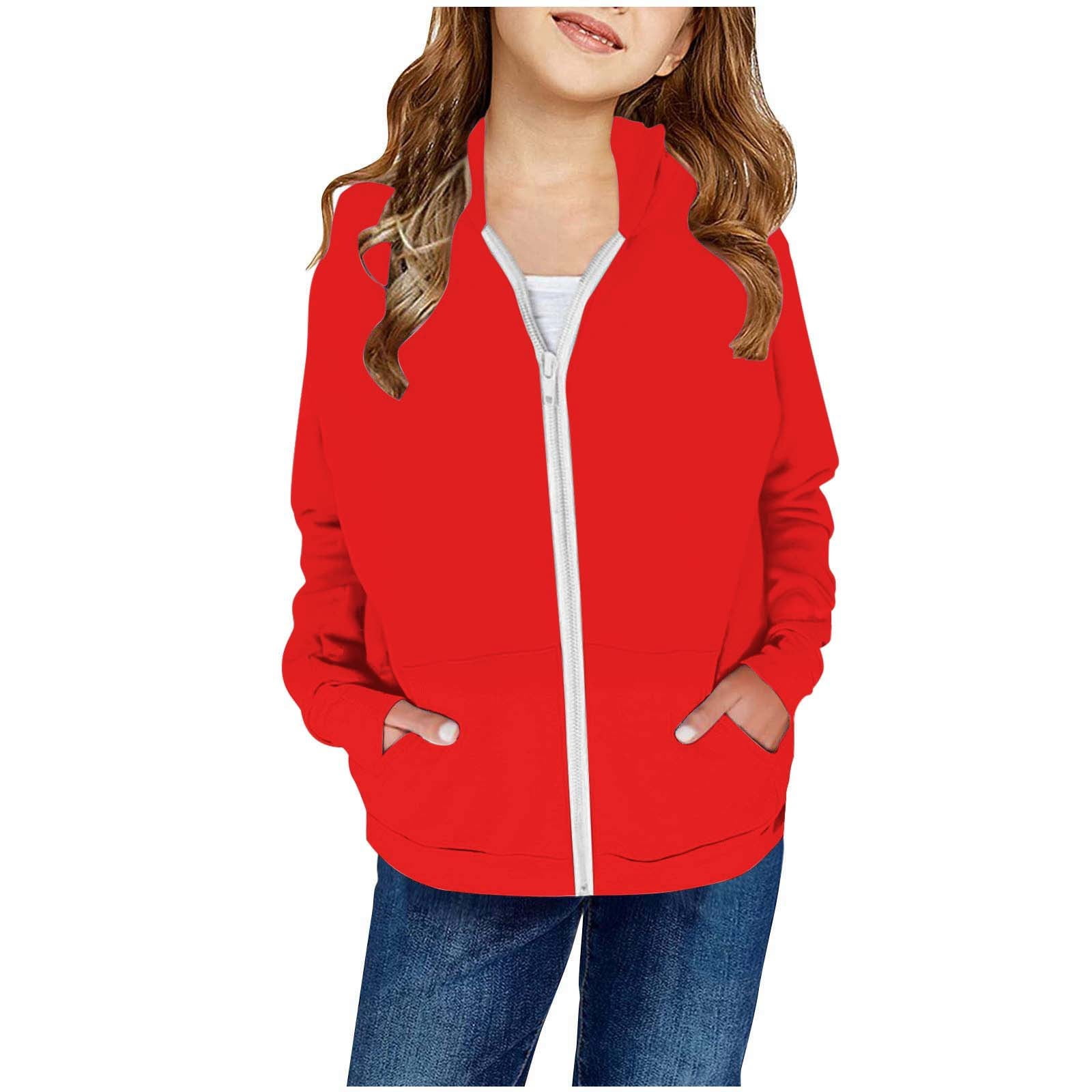 Autumn Winter Solid Color Zip-Up Hoodie for Girls with Patch Pocket ...