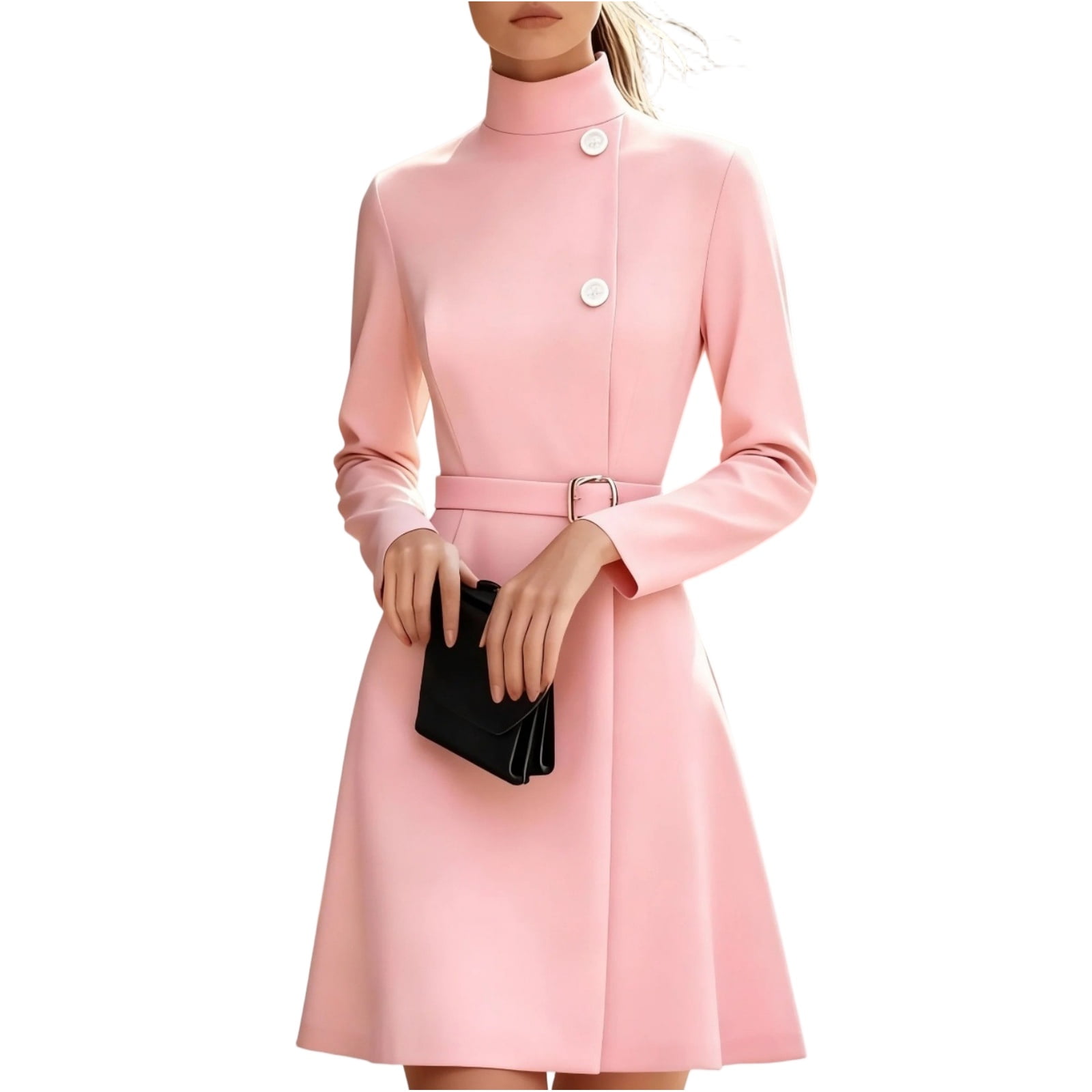 Autumn Winter Turtleneck A-Line Dress Elegant Button High Waist Pocket ...