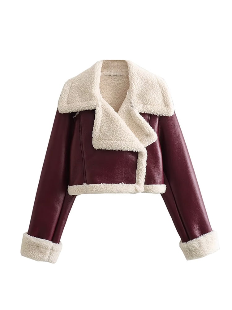 Autumn Winter Women Lamb Wool Patchwork Short Leather Jacket For Women ...