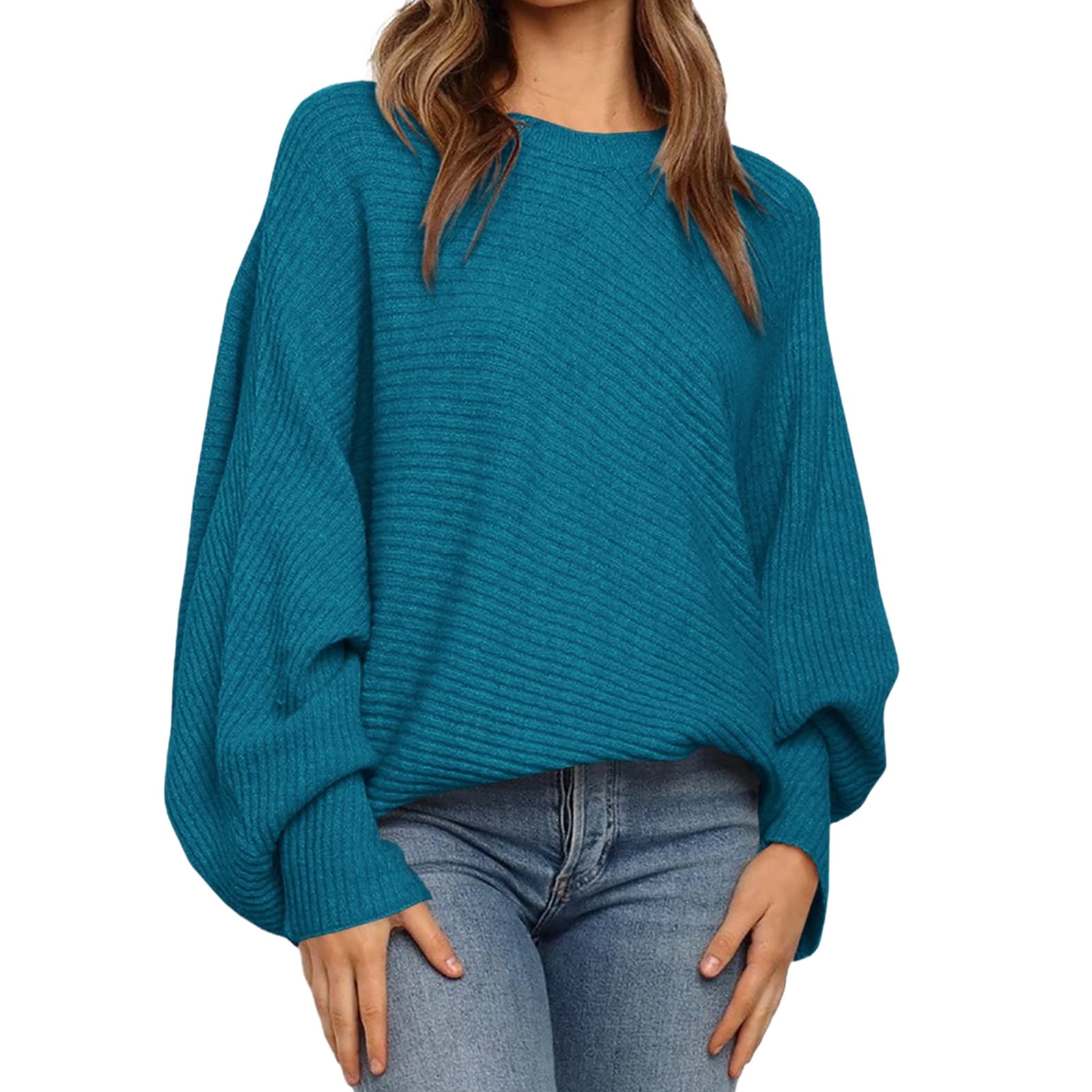 Autumn Winter Women Solid Color Oversized Round Neck Bat Sleeve Loose ...