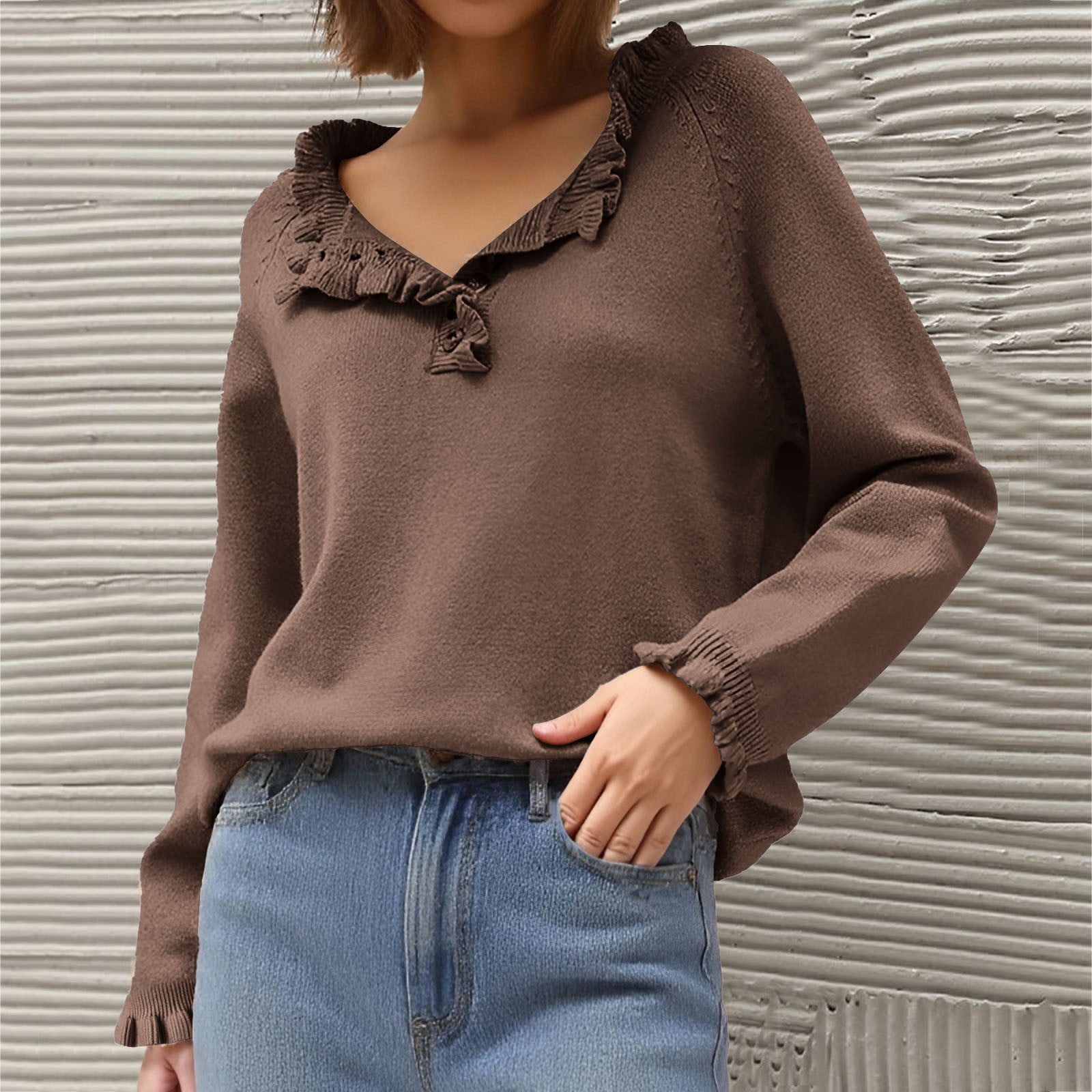 Autumn And Winter Women's Knitting New Casual Long Sleeve Button Ruffle ...
