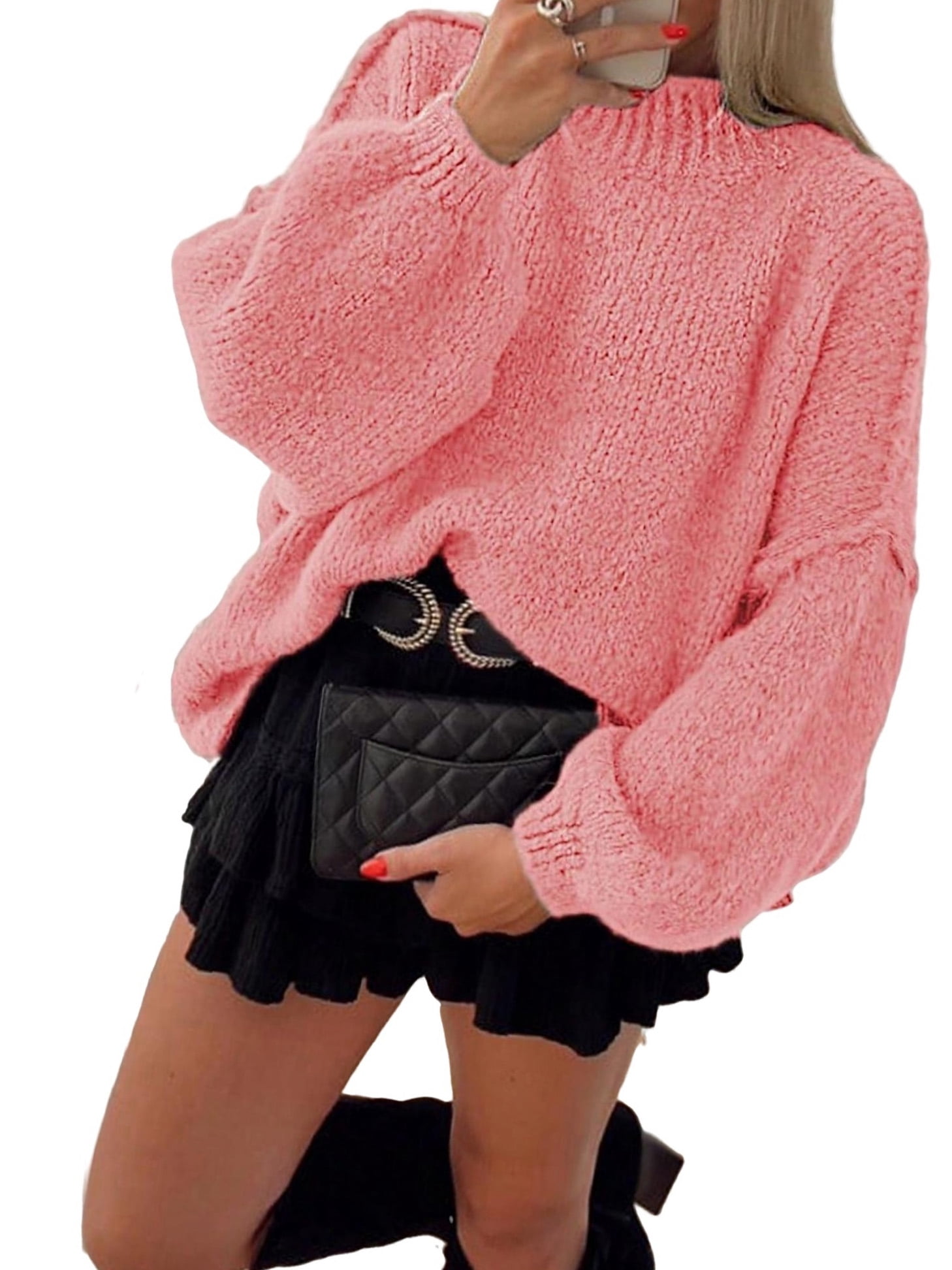 Autumn Winter Women's Long Sleeve French Style Pink Pullover Sweater ...