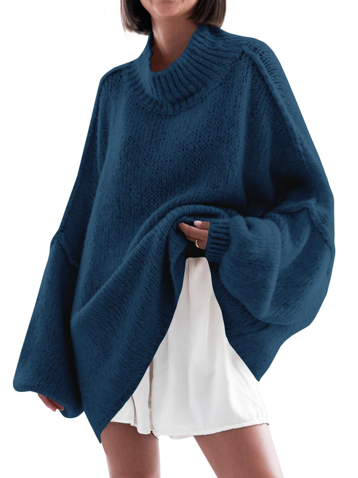 Autumn Winter Women's Long Sleeved Elegant High Neck Round Neck Bat ...