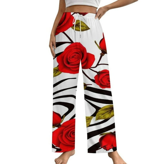 Autumn Winter Women's Pajama Pants Red Roses Zebra Pattern Loose Pajama ...