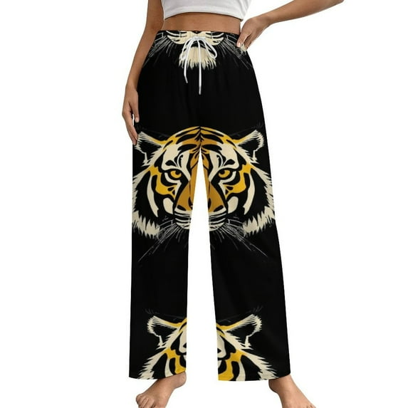Autumn Winter Women's Pajama Pants Tiger Faces Black Background Pattern Loose Pajama Pants for ...