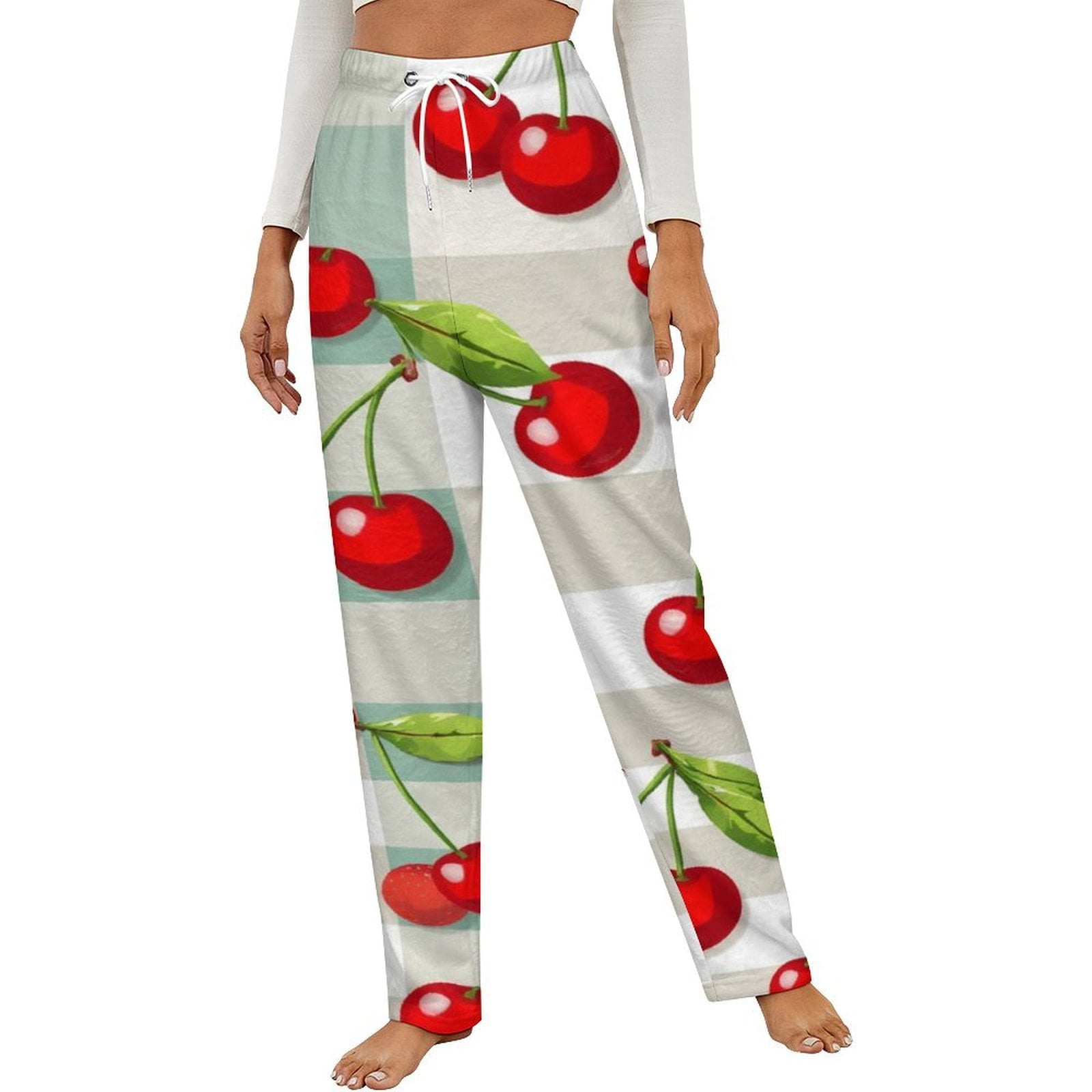 Autumn/Winter Women's Sleeping Pants Red Cherries Gingham Background ...