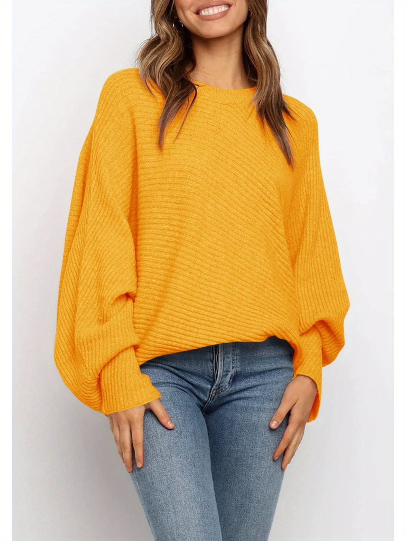 Autumn Winter Women's Solid Color Oversized Round Neck Bat Sleeve Loose ...
