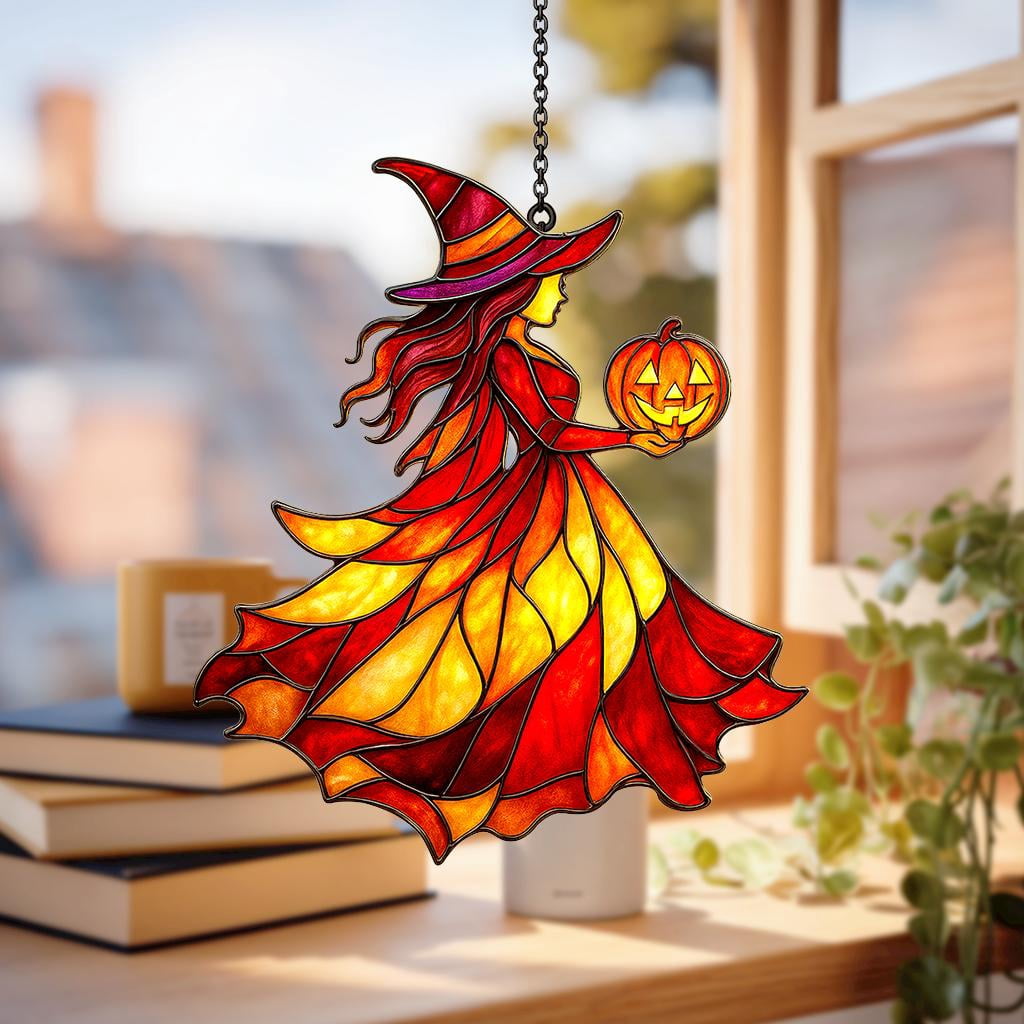 Autumn Witch Acrylic Suncatcher Window Hanging - Faux Halloween Decor ...