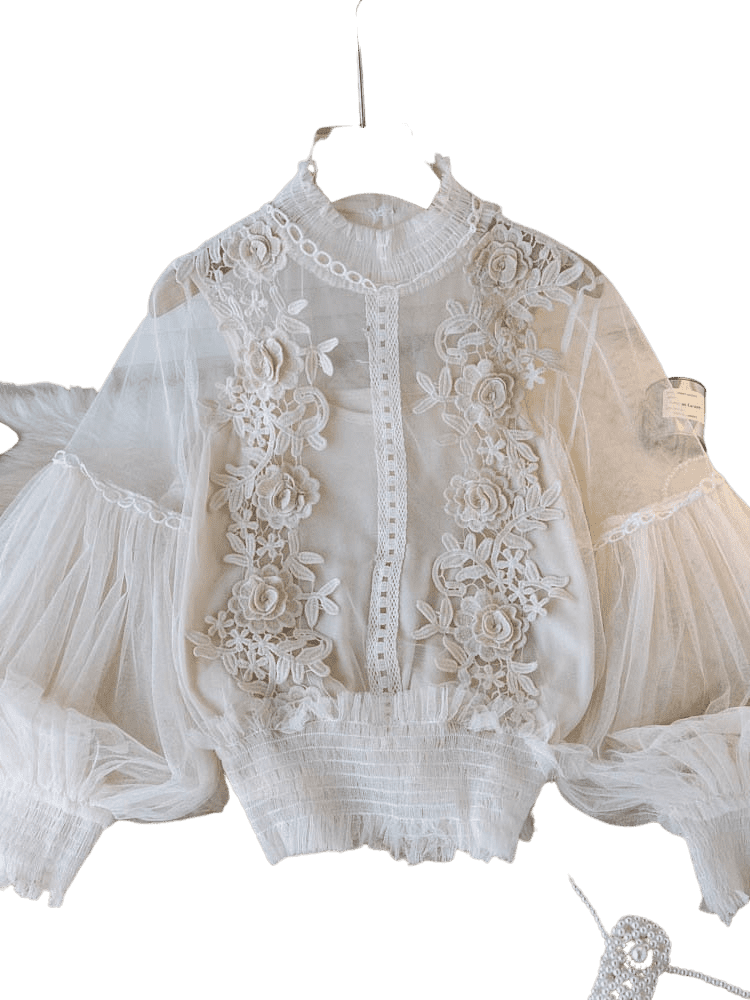 Autumn Women Mesh Tops Fashion Sexy Sheer Lace Blouse Lantern Sleeve 3D ...